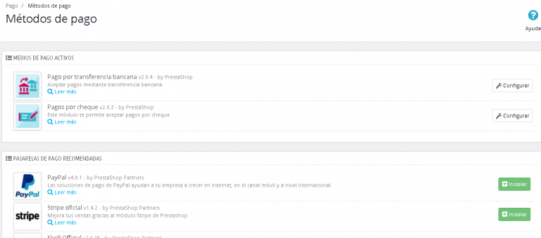 Opciones de los métodos de pago en Prestashop 1.7 - Manual