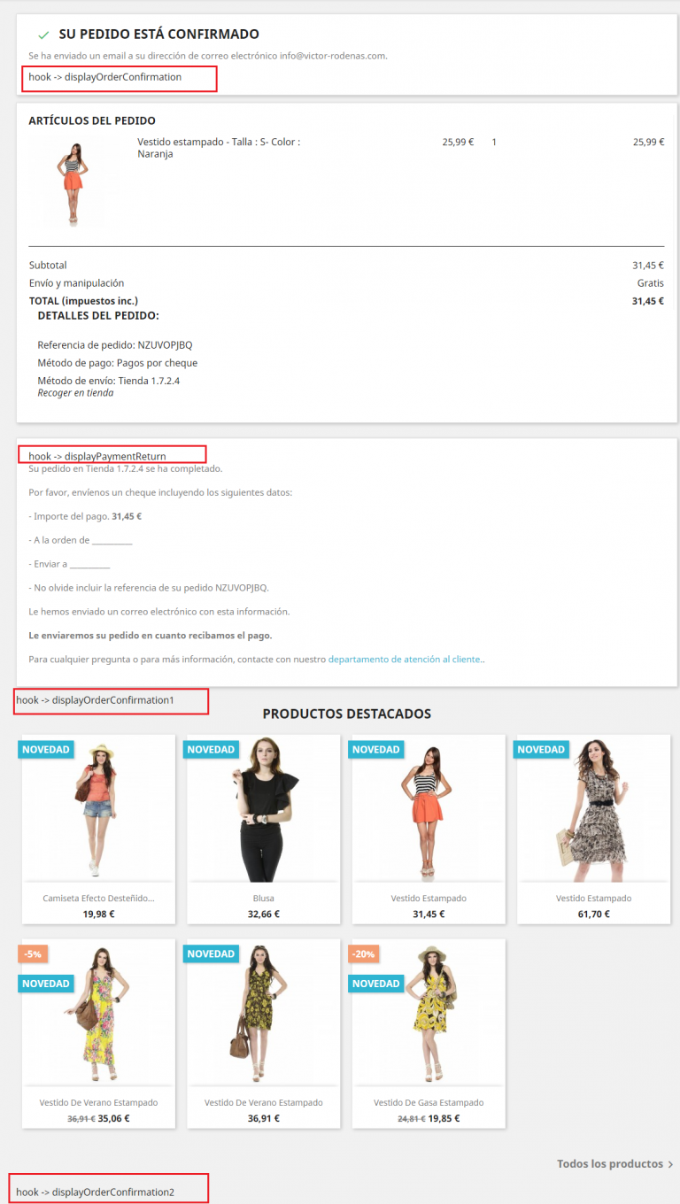 Hooks página de confirmación del pedido en Prestashop 1.7
